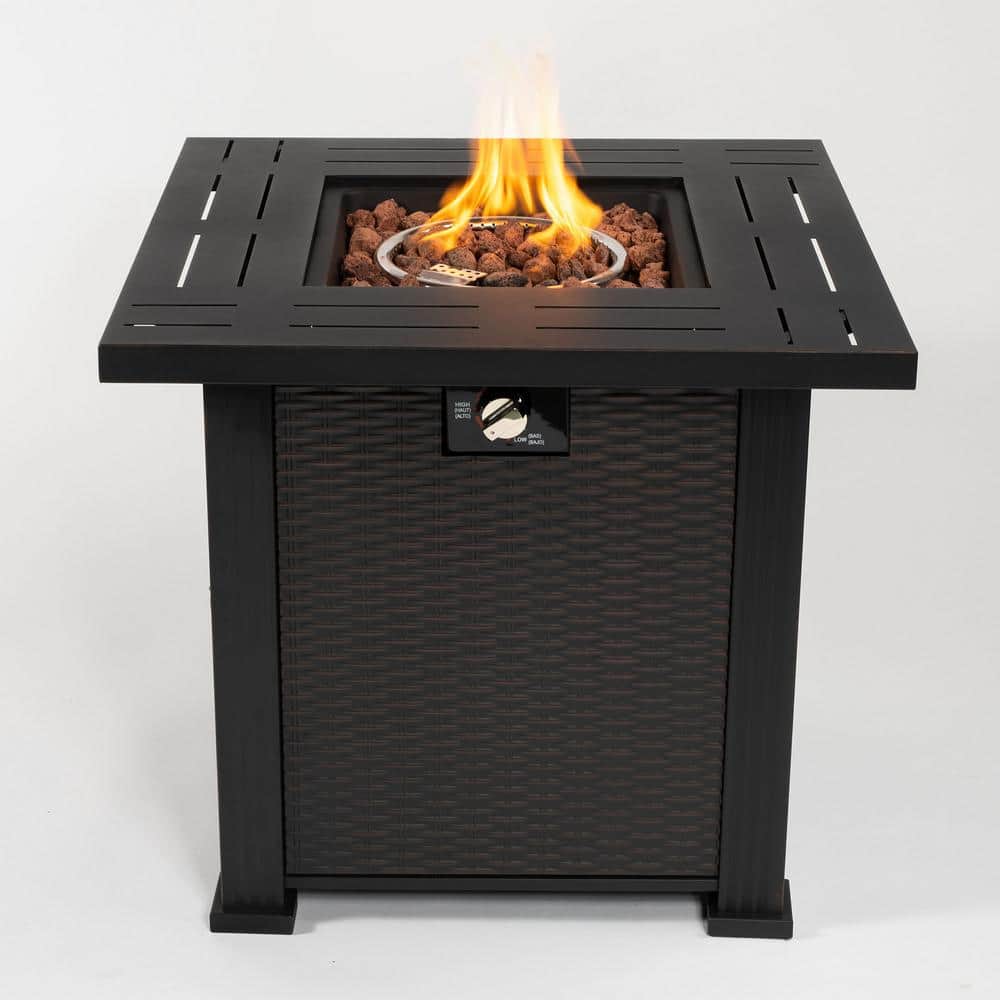 Ama pear Black 28 in. Square Metal Outdoor Propane Gas Fire Pit Table, 50000 BTU Fire Pit with ...