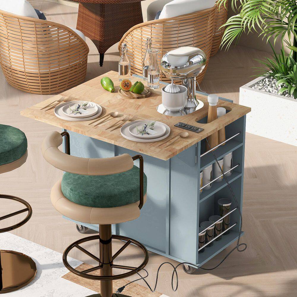 A Grey Blue Kitchen Cart with Open Storage and a Wine Rack ACM-5-GB ...