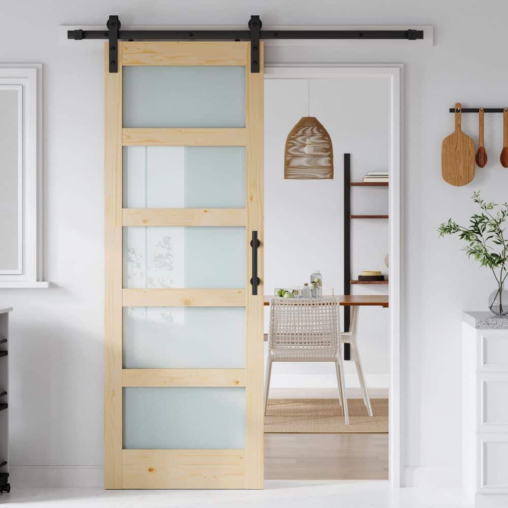 TREEBLING 32 in. x 84 in. 5-Lite Tempered Frosted Glass Solid Core ...