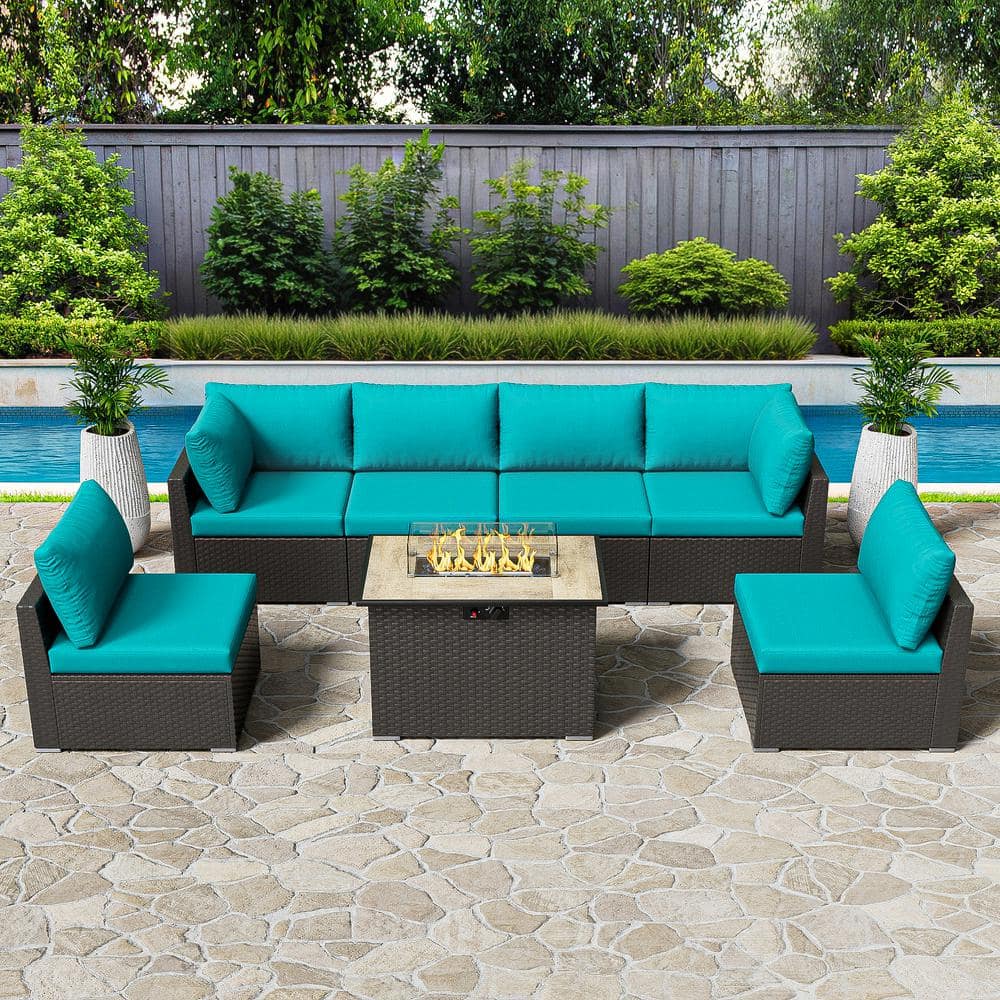eVita Rattan Wicker 7-Piece Outdoor Patio Propane Fire Pit Furniture ...