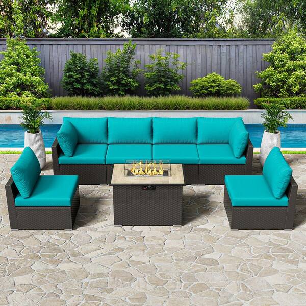 eVita Rattan Wicker 7-Piece Outdoor Patio Propane Fire Pit Furniture ...