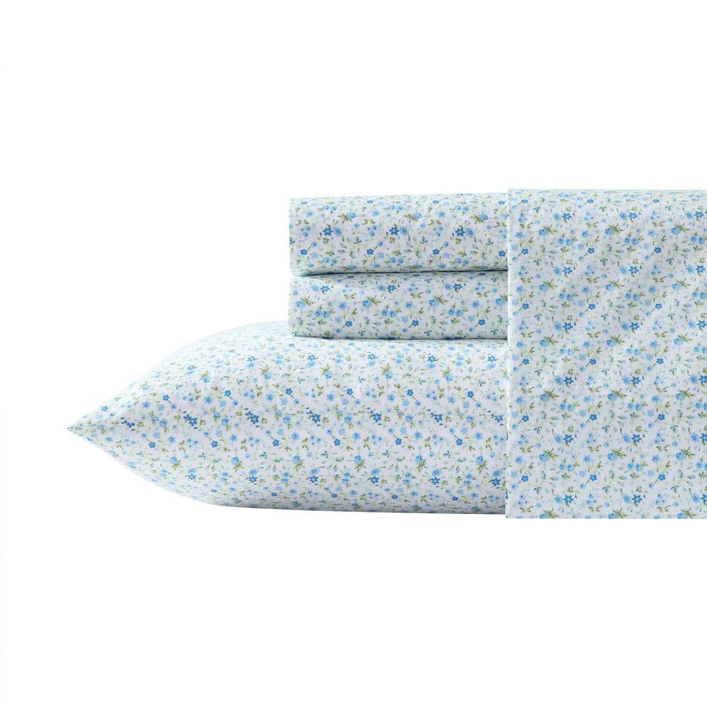 Laura Ashley Evie 3-Piece Blue Cotton Twin Sheet Set USHSA01322662 ...