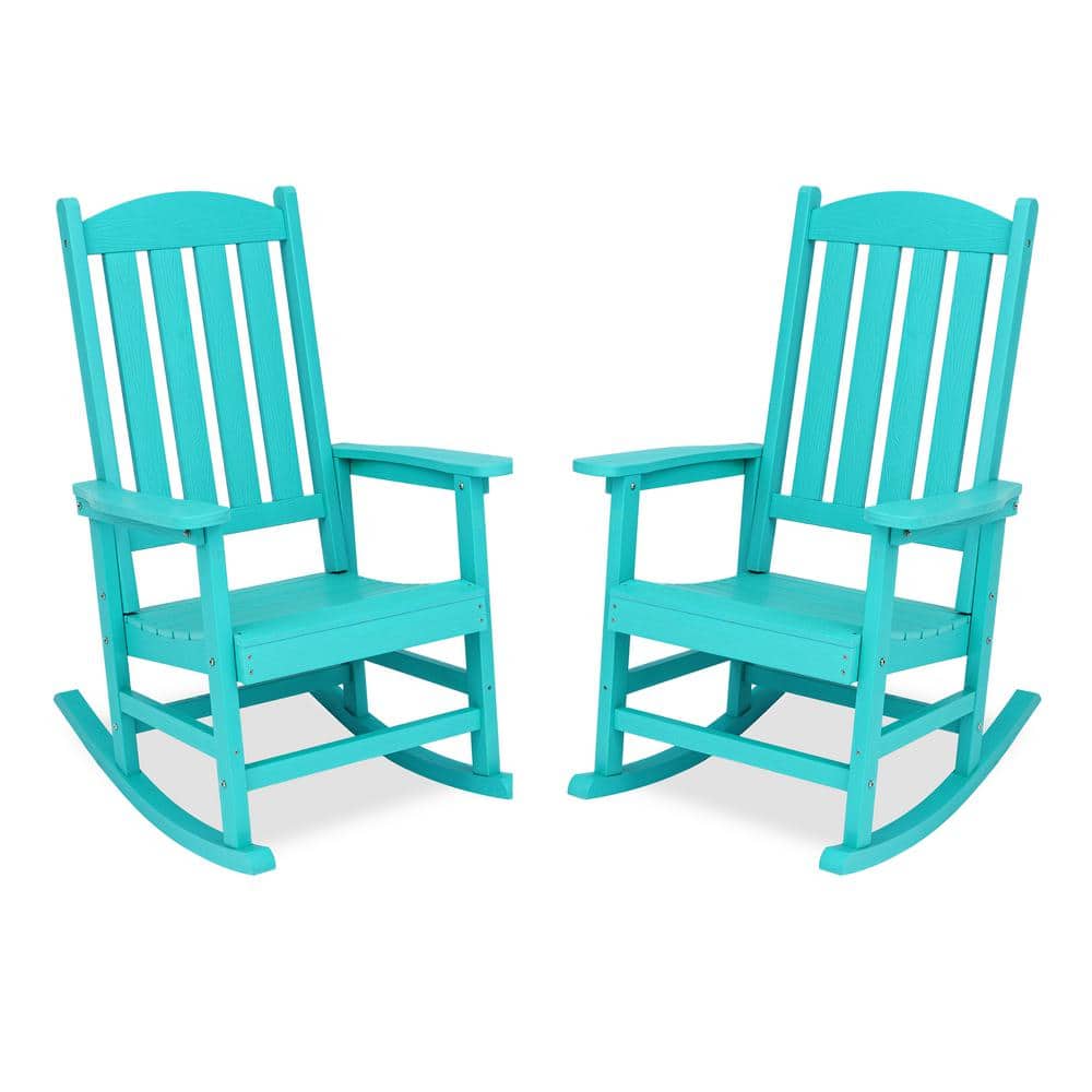 LUE BONA Aruba Blue Plastic Adirondack Outdoor Rocking Chair with High ...