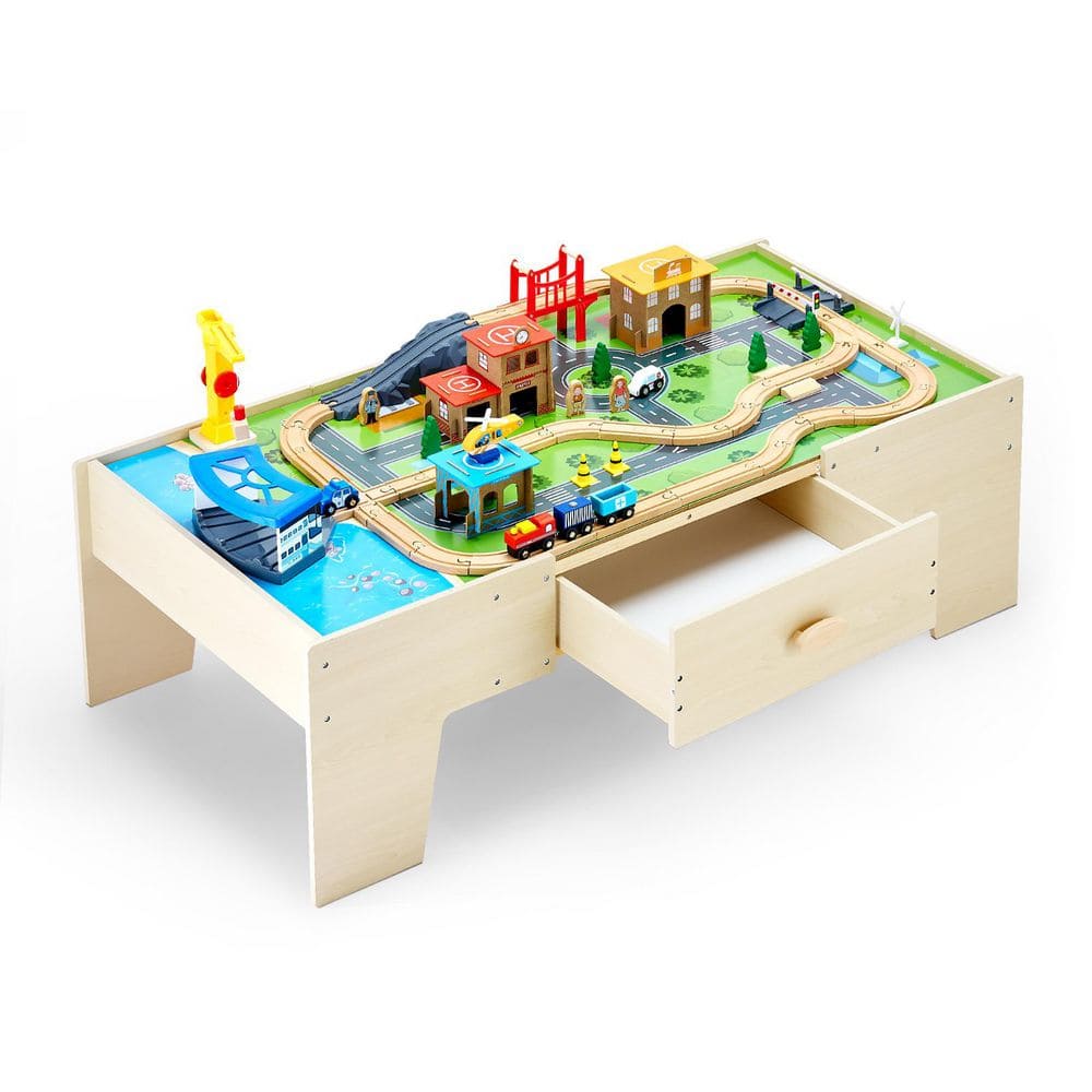 VEVOR Train Table, 62 Multicolor Pieces Wooden Kids Activity Table with ...