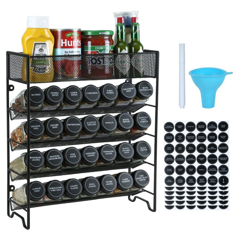 Anqtovp 5 Tier Black Wall Mount Cabinet Spice Rack Organizer with 28 ...