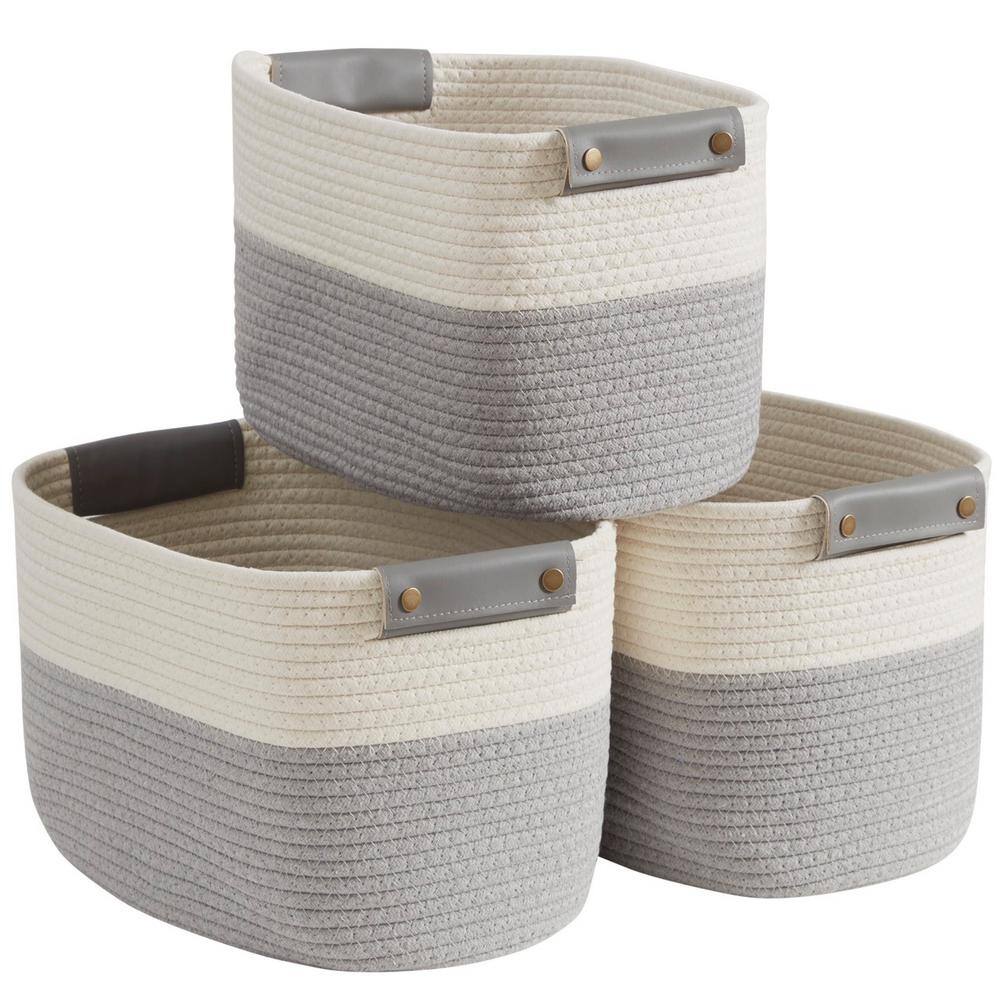 Ornavo Home 3-Pack Cotton Rope Storage Baskets 3PK-15x10x9-WHITE/GRAY ...