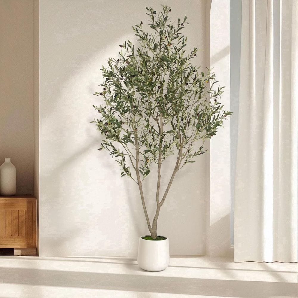 hykolity 7 ft. Artificial Olive Tree in White Pot Tall Faux Olive Tree ...