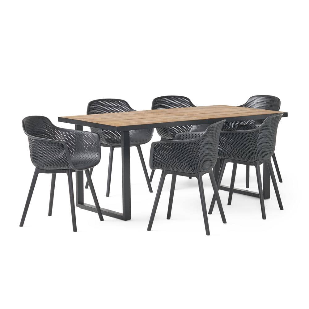 Noble House Waylon 7-Piece Wood and Resin Outdoor Patio Dining Set ...