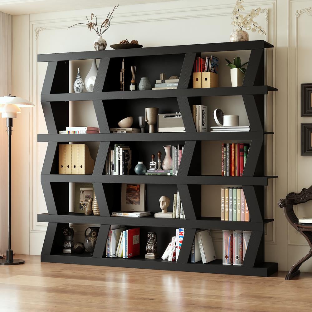 FUFU&GAGA 63.8 in. Tall Bookcase, Black Wood Material 5-Tier Bookcase ...
