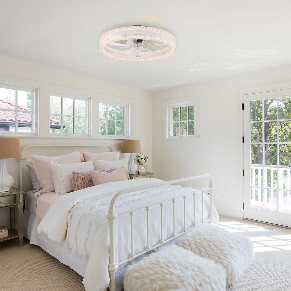 Shinevoy 20 in. Elegant Indoor White LED Ceiling Fan Light, Double Ring Flush Mount Dimmable ...