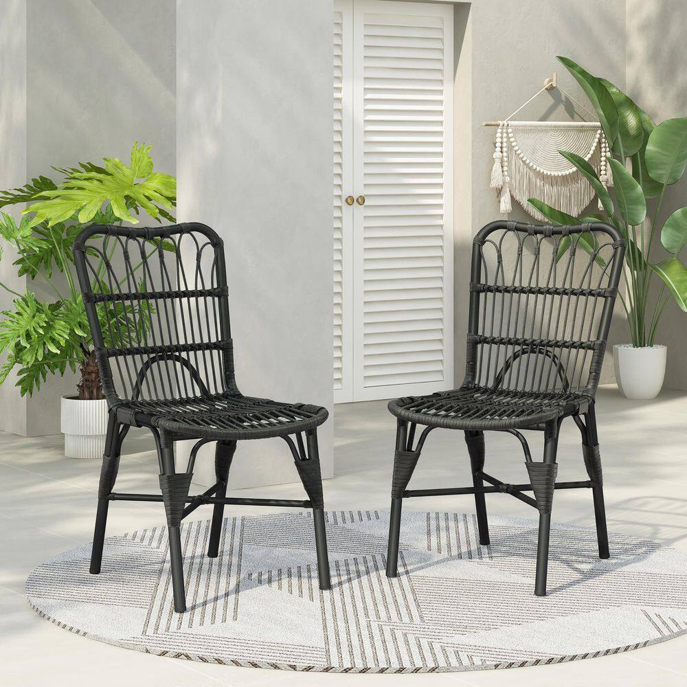Black Hand-Woven Wicker Outdoor Dining Chair (Set of 2) N762-148G - The Home Depot