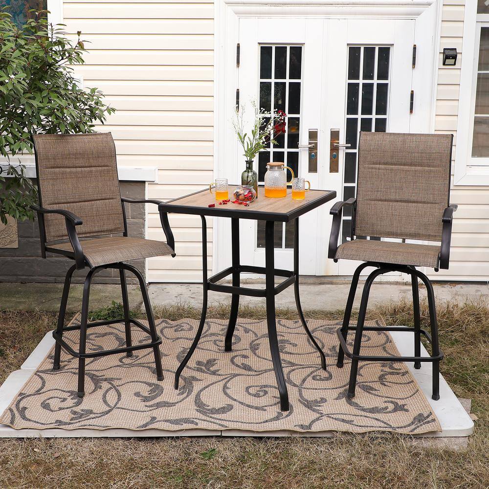 PHI VILLA Black 3-Piece Metal Square Outdoor Patio Bar Set with Wood ...
