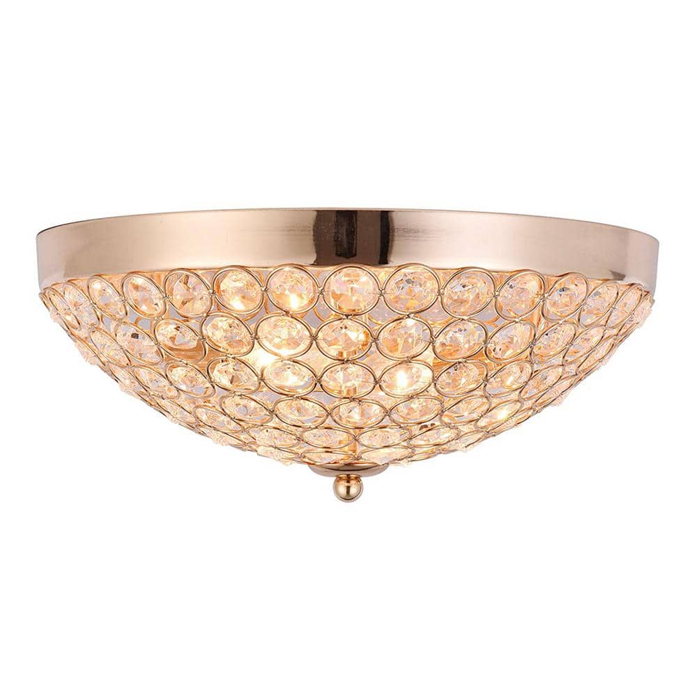 OUKANING 11.8 in. 2-Light Gold Modern Crystal Round Flush Mount Ceiling ...