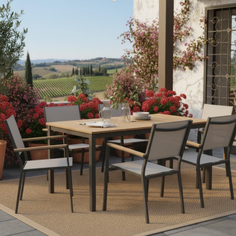Benjara Ankia Dark Gray and Brown 5-Piece Natural Teak Rectangle ...