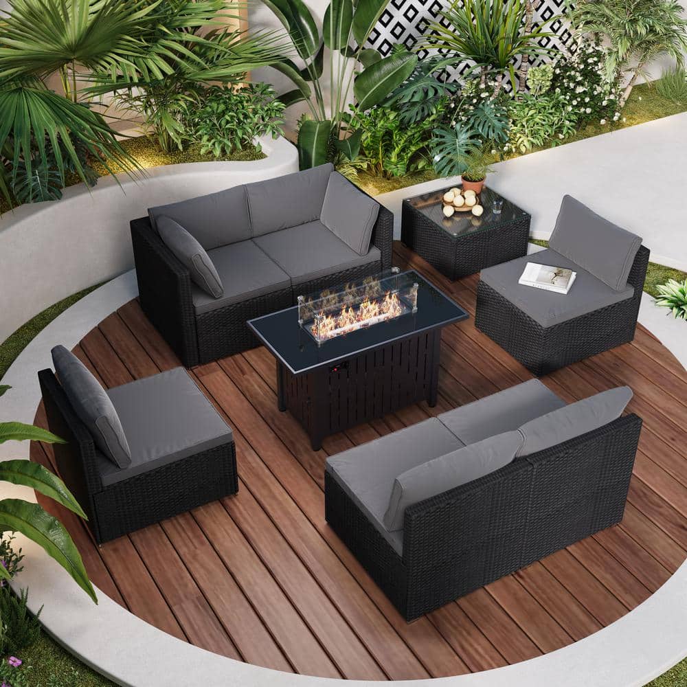 LQOFZ 8-Piece Black Wicker Patio Conversation Set with 43 in. Outdoor ...