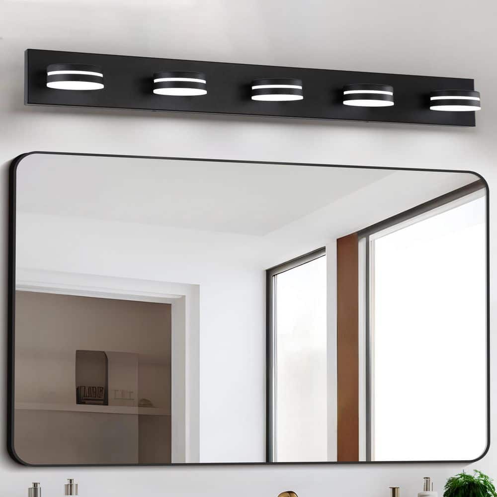 JUSHENG 41 in. 5-Light Black LED Vanity Light with Dimmable 5500K Light ...