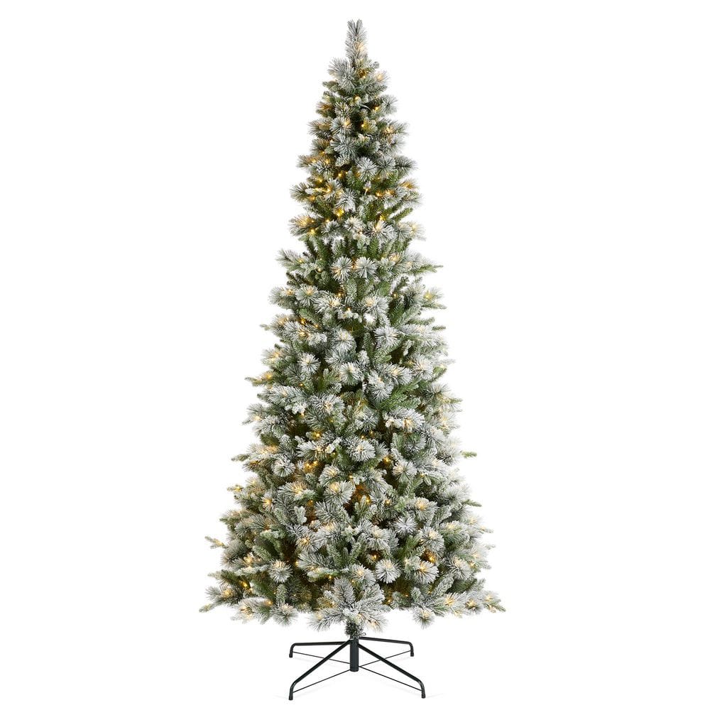 Glitzhome 9 ft. Pre-Lit Flocked Slim Pine Artificial Christmas Tree with 600 Warm White LED ...