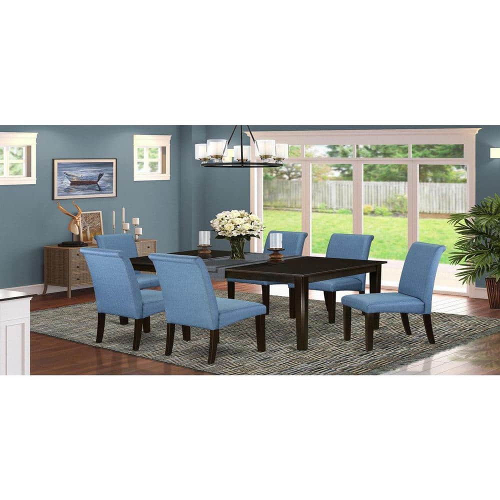 East West Furniture 7-Piece Cappuccino Finish Solid Wood Top Dining Table with 6-Chairs with ...