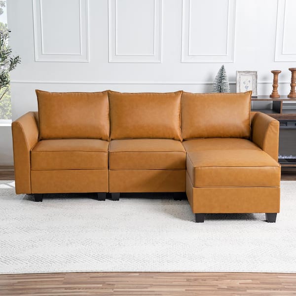 Elizabeth Modern DIY Collection Color Caramel Fabric Air Leather Style Sofa with Ottoman