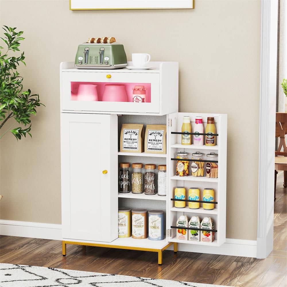 HONEY JOY Pantry Cabinet w/Charging Station Kitchen Food Cabinet w/LED ...