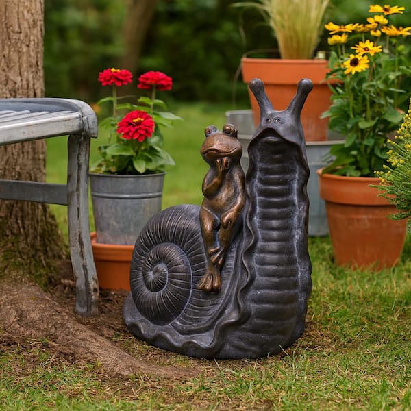 Liv & Skye 15 in. x 19 in. Gray Resin Gold Frog On Snail Garden Statue ...