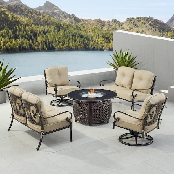 Oakland Living Black Aluminum Fire Table Set with 2-Loveseats and 2 ...