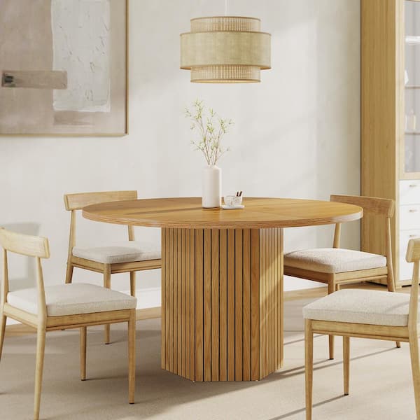 BYBLIGHT Roesler 47 in. Oak Wood Pedestal Round Dining Table without ...