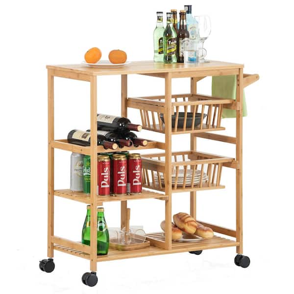 FUNKOL Natural Bamboo Top wood Kitchen Cart, 60LBS Load Capacity with 2 ...
