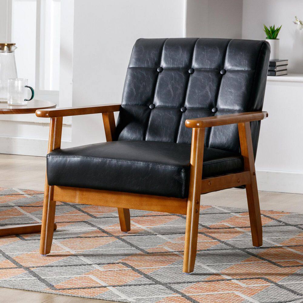 HOMEFUN Mid-Century Upholstered Dark Black PU Leather Accent Arm Chair ...