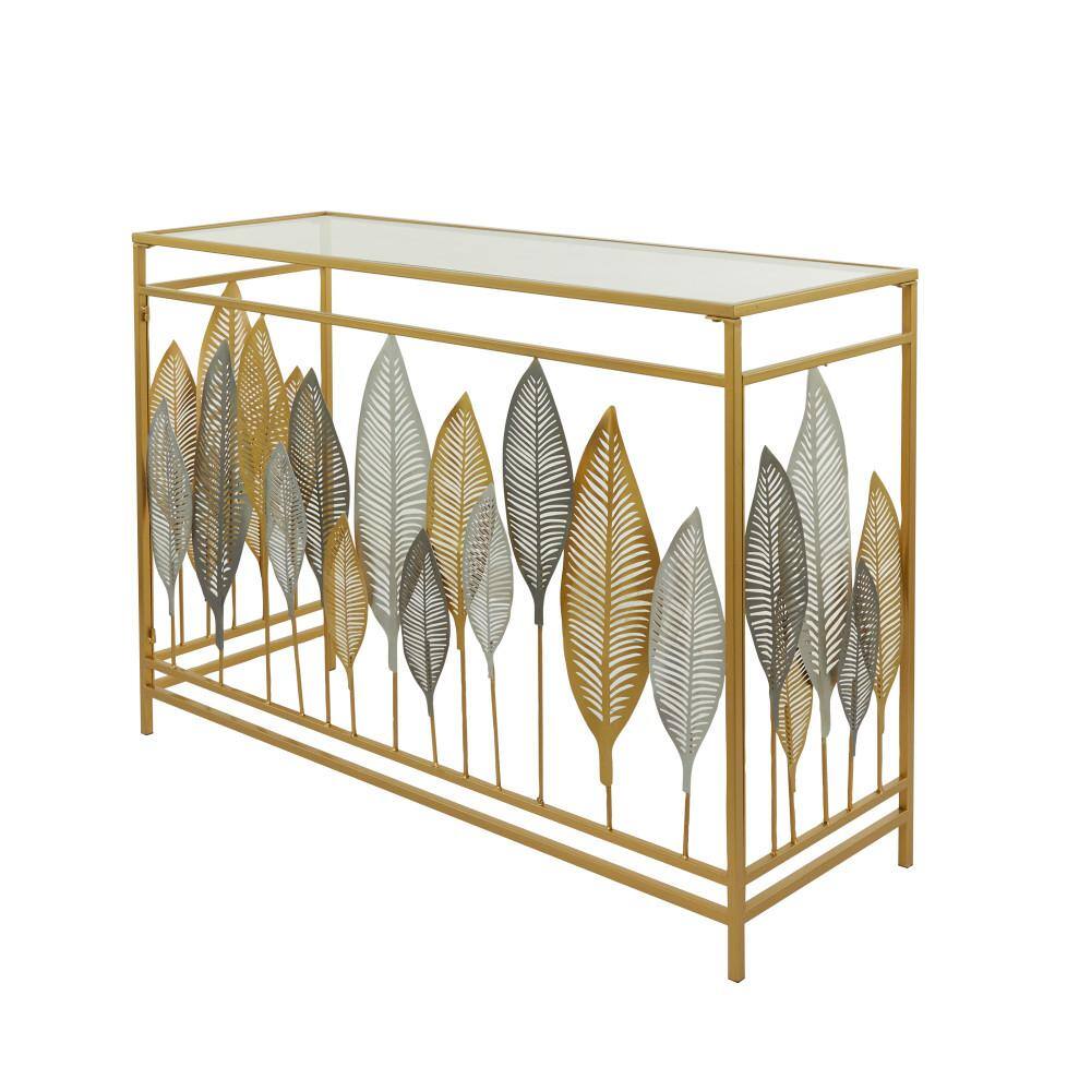 Litton Lane 44 in. Gold Extra Large Rectangle Metal Leaf Console Table ...