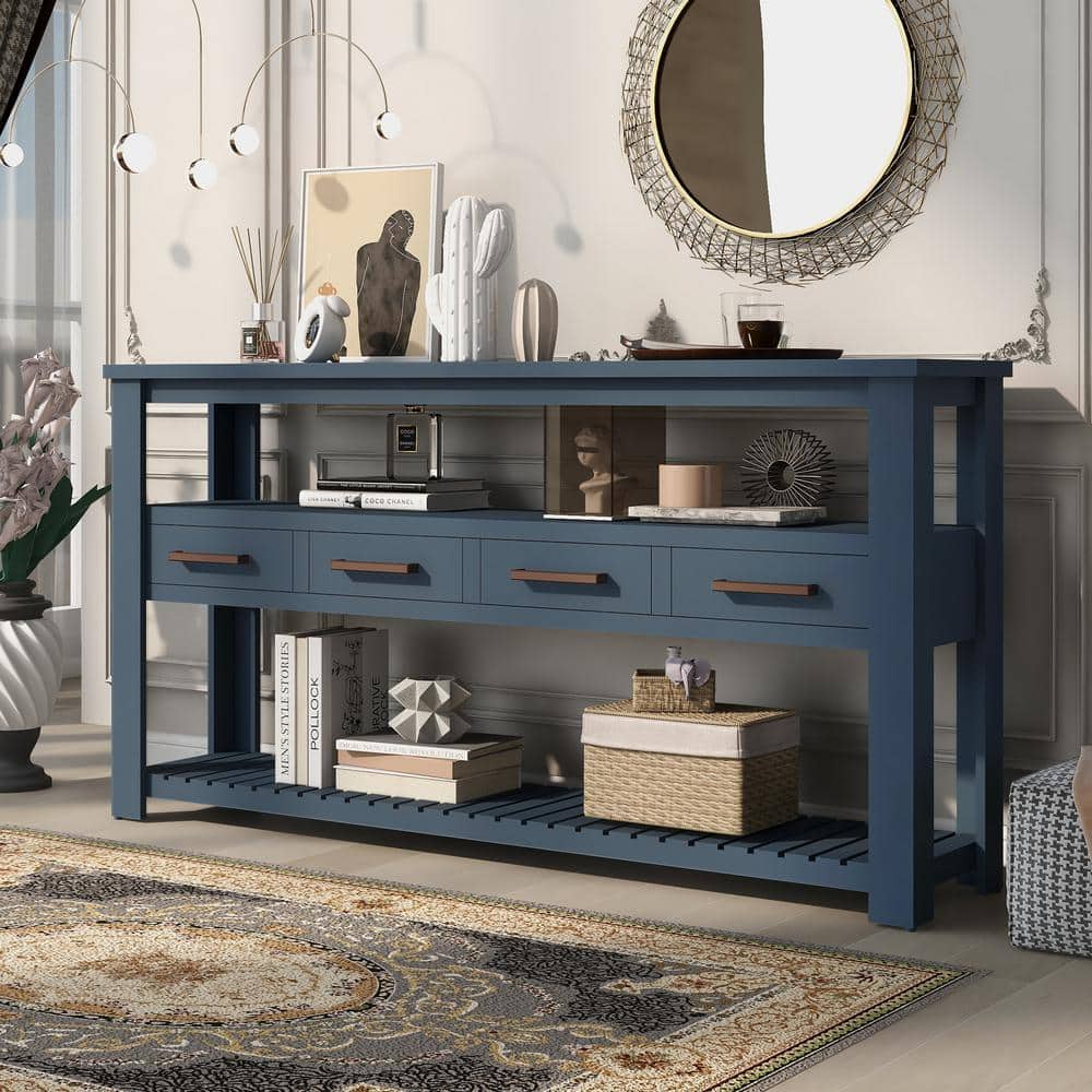 JUJABU 62.2 in. Rectangle Wood Navy Blue Modern Console Table Sofa ...