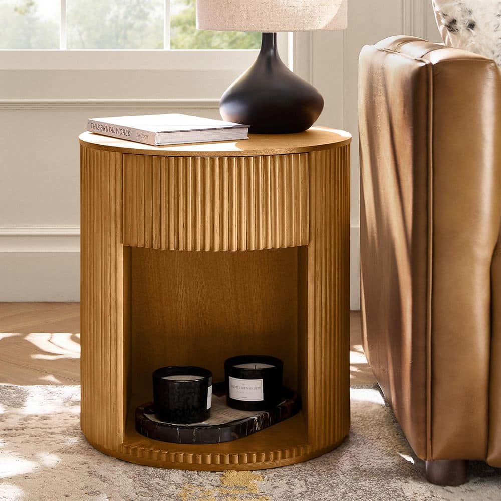 JAYDEN CREATION Falko 19.75 in. Oak Round Wood End Table with Fluted ...