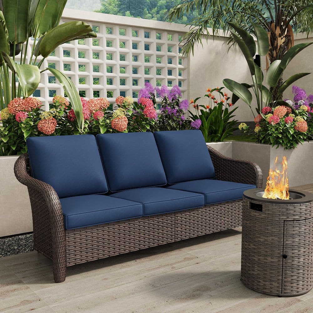 Esunny 3-Seat Wicker Outdoor Patio Couch Sofas with Soft Dark Blue ...