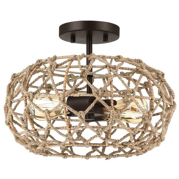 TRUE FINE Trellis 14 in. 2-Light Rustic Jute Rope Semi Flush Mount ...
