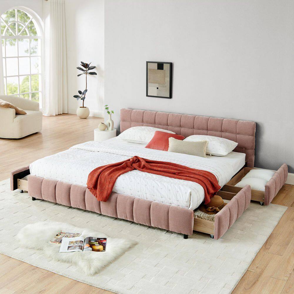 anpport Modern Pink Wood Frame King Chenille Upholstered Platform Bed ...