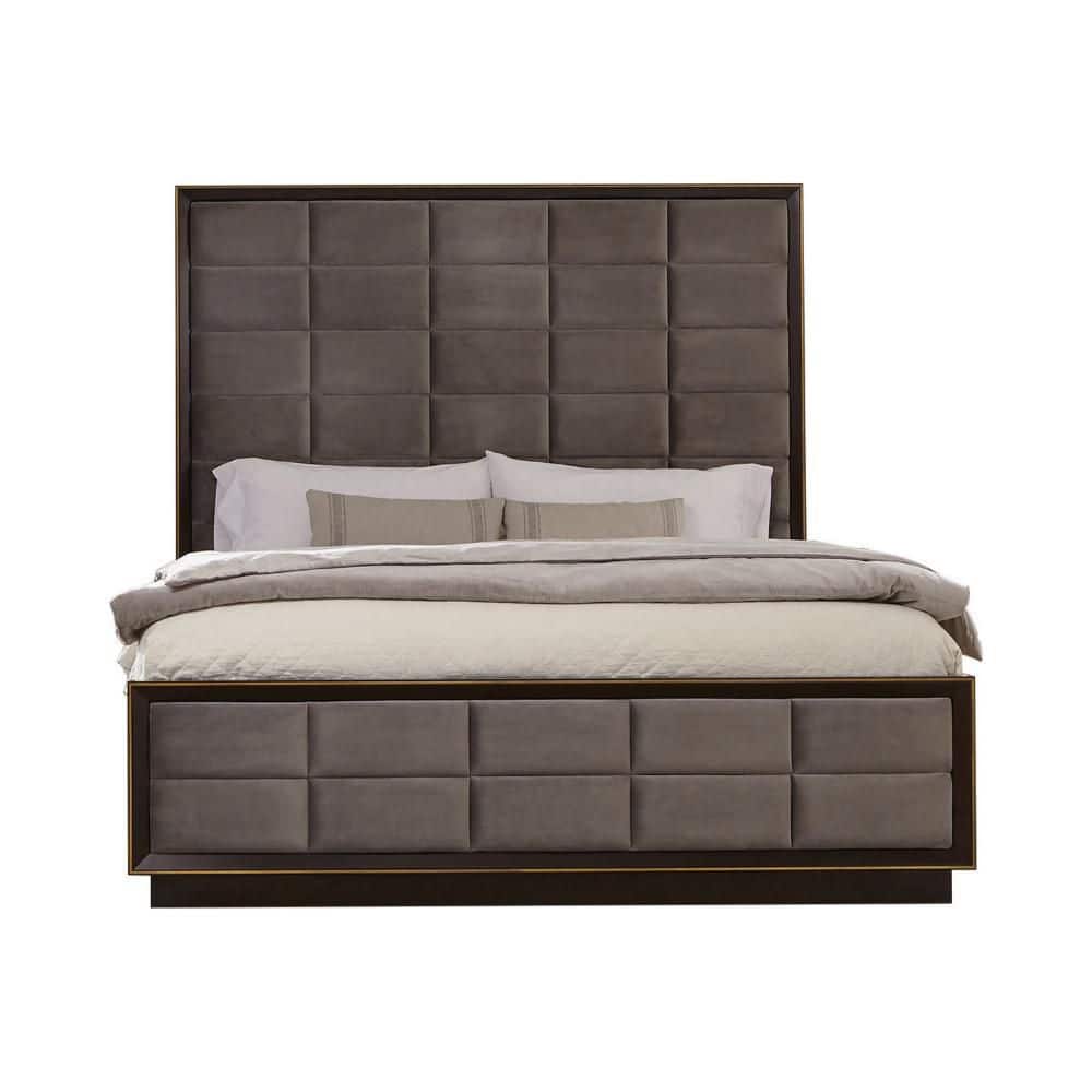 Benjara Hena Taupe Gray and Gold Wood Frame King Panel Bed with Tall ...