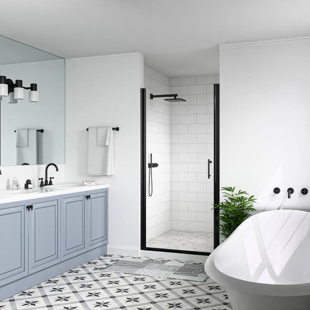 SHAAMA 36 to 37-3/8 in. W x 72 in. H Pivot Semi-Frameless Shower Door in Matte Black Finish with ...