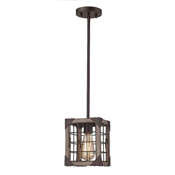 Bel Air Lighting 1-Light Oil Rubbed Bronze Mini Pendant Light Fixture with Faux Wood Caged Shade ...