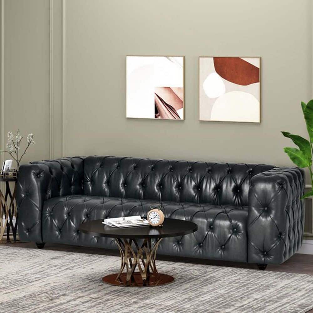 Qualler 83.5 in. Rolled Arm PU Leather Rectangle Sofa with Wooden Legs ...