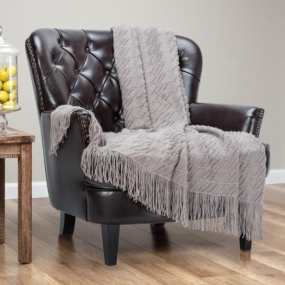 CHANASYA Textured Slate Bevel Knit Acrylic Throw Blanket with Tassels ...
