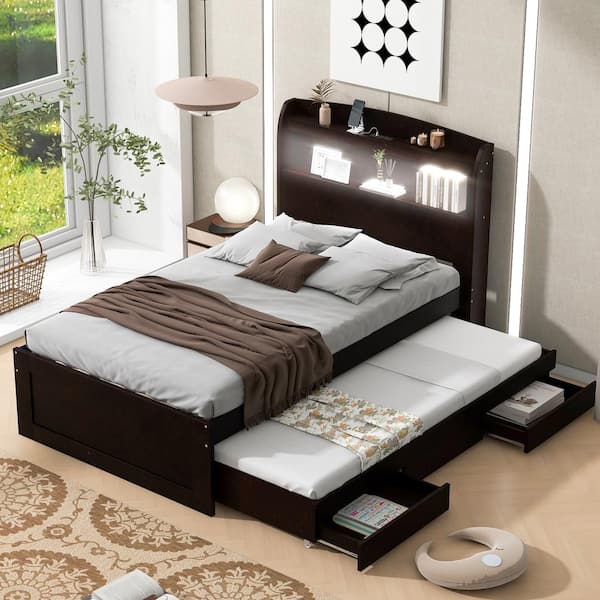Harper & Bright Designs Dark Brown Wood Frame Twin XL Platform Bed with ...