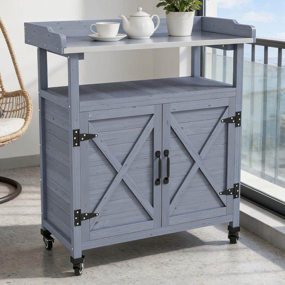 Coporesell Gray Wooden Potting Bench Table Aluminum Table Top with ...