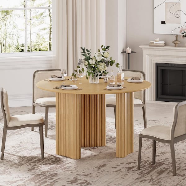 Lirago Farmhouse Natural Round Solid Wood 46 in. W 3-Legs Base Kitchen ...