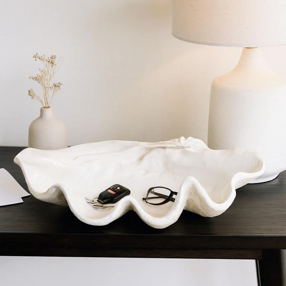 Liv & Skye Ivory Ceramic 25 in. Pearlized Clam Shell Decorative Bowl ...
