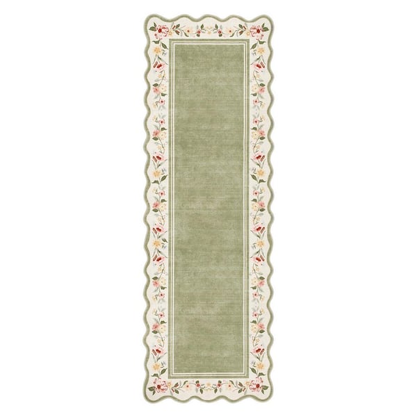 Lahome 2 X 6 Machine Washable Green Scalloped Design Vintage Floral Low ...