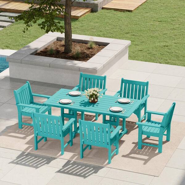 WESTIN OUTDOOR Laguna 7 Piece Poly Plastic Outdoor Patio Rectangle Trestle Table Dining Set w Garden Armchairs in Turquoise OP3028 TQ