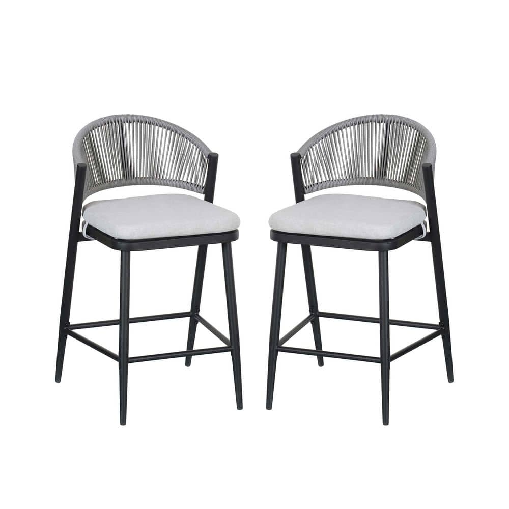2-Piece Black Aluminum Counter Outdoor Bar Stools with PE Rattan ...