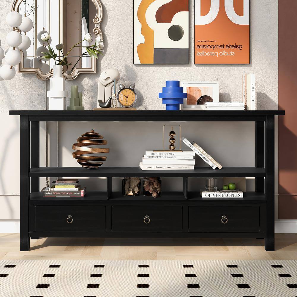 URTR Rustic 57 in.Black Rectangle Wood Console Table with Double-Story ...