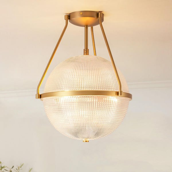 RRTYO Apsel 3-Light 13.7 in. Gold Modern Grid Textured Glass Globe Semi ...