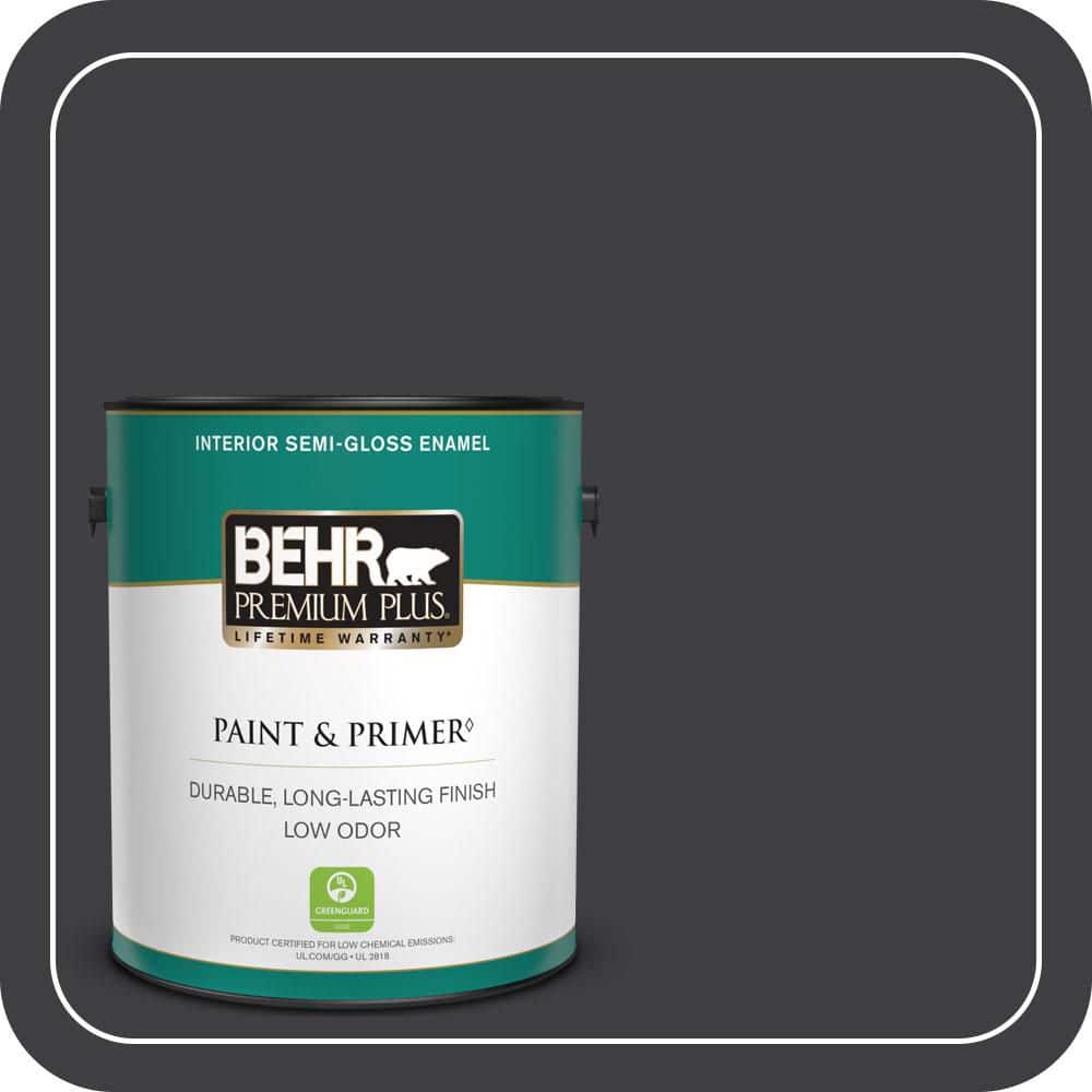 BEHR PREMIUM PLUS 1 gal. #ECC-10-2 Jet Black Semi-Gloss Enamel Low Odor ...